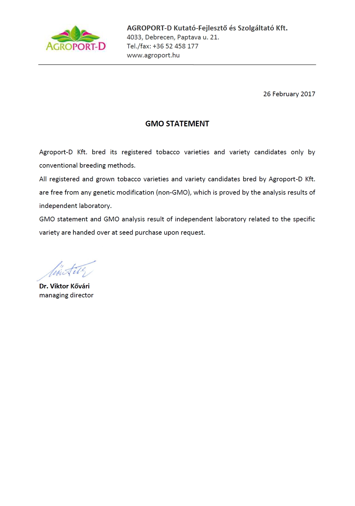 Agroport-D » GMO statement